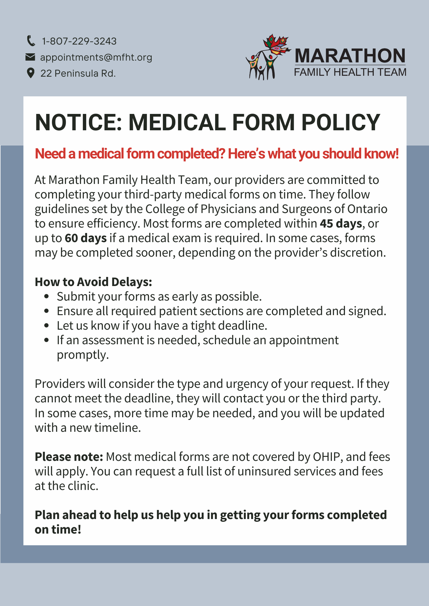 Notice: Medical Form Policy – MFHT
